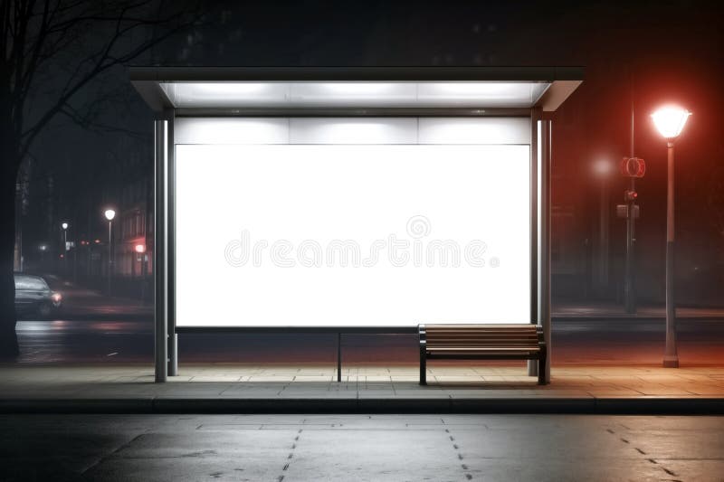 Empty Billboard at the Bus Stop on the Street at Night, Mockup for ...