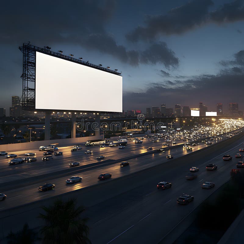 Empty Billboard Illuminated at Night Along a Busy Highway Stock ...