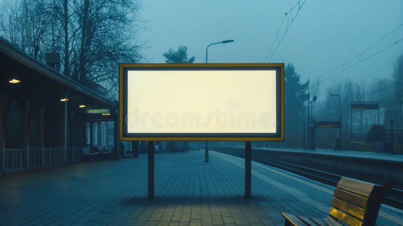 An Empty Billboard Mockup on the Platform of a Foggy Train Station ...