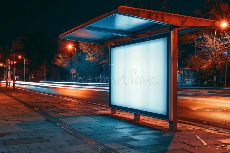 Empty Billboard at Night City Street, Illuminated Advertising Panel ...