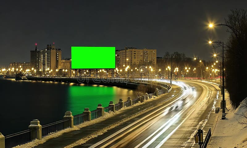 Empty Billboard at Night on a City Street, Reflecting on the Water ...