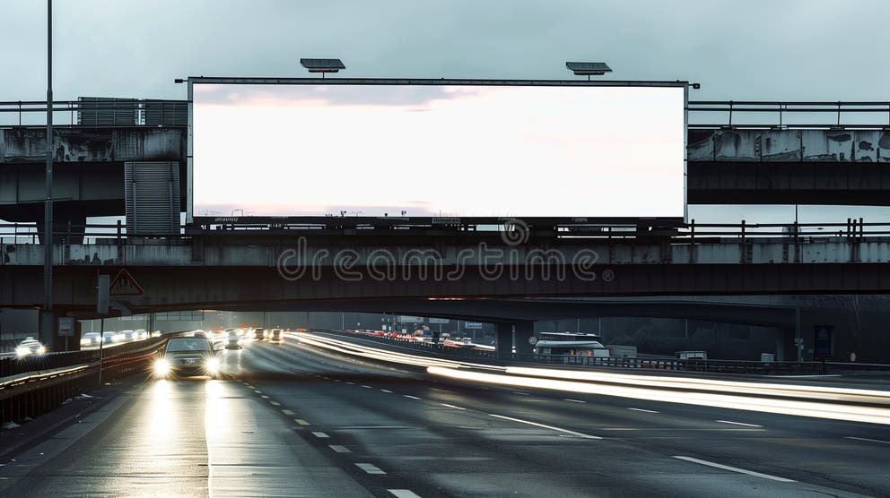 An Empty Billboard with Space for Text is Above a Wide-lane Highway ...