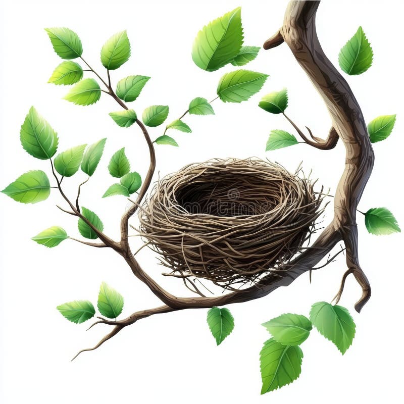An Empty Bird Nest, Rendered in 3D, Sitting on a Tree Branch with Green ...