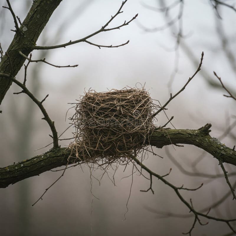 An Empty Bird S Nest on a Tree Branch in the Fog. Stock Image - Image ...
