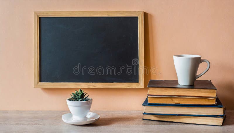 Empty Black Chalkboard, Books, Glasses and Coffee Cup on Peach ... Empty Black Chalkboard, Books, Glasses and Coffee Cup on Peach ...