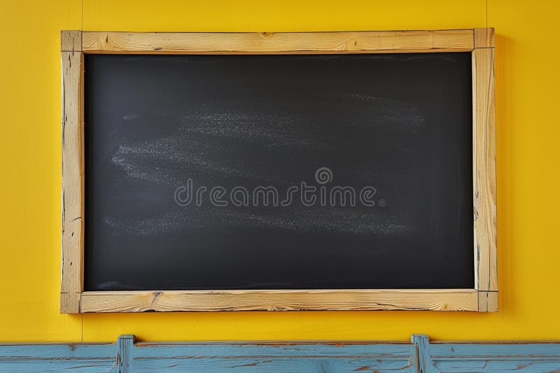 Empty Black Chalkboard on Flat Panel Yellow Background, Wooden Frame ...