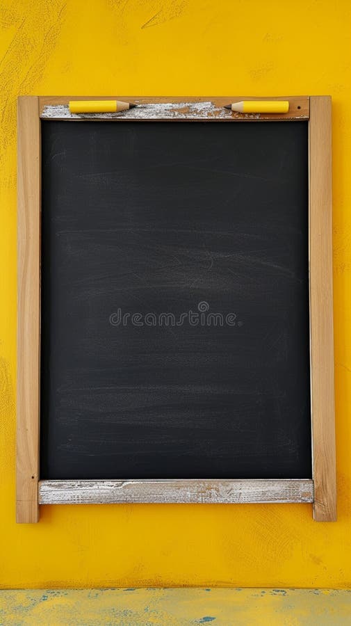 Empty Black Chalkboard on Flat Panel Yellow Background, Wooden Frame ...