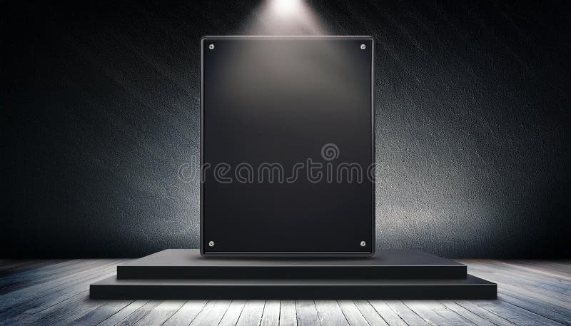 Empty Black Display Board on a Raised Platform with Spotlights in a ...