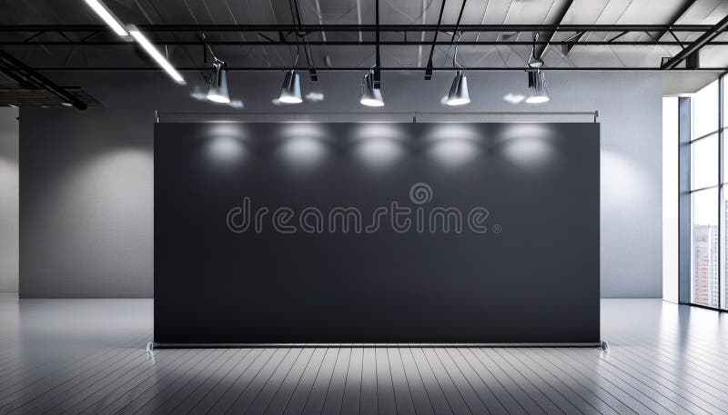 Empty Black Exhibition Banner Wall with Overhead Lights in a Modern ...