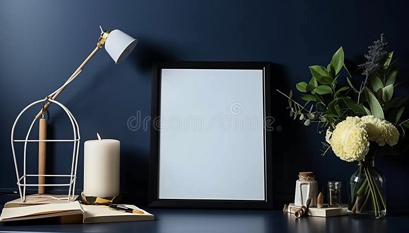 Empty Black Frame (mockup) on Creative Desk with Blue Navy Background ...