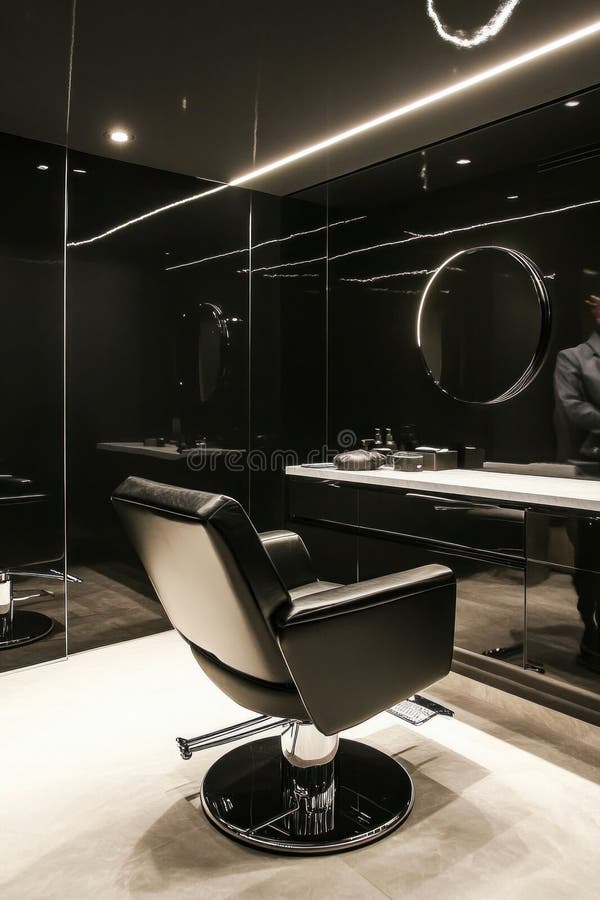 Empty Black Leather Barber Chair in Modern Upscale Barbershop Stock ...