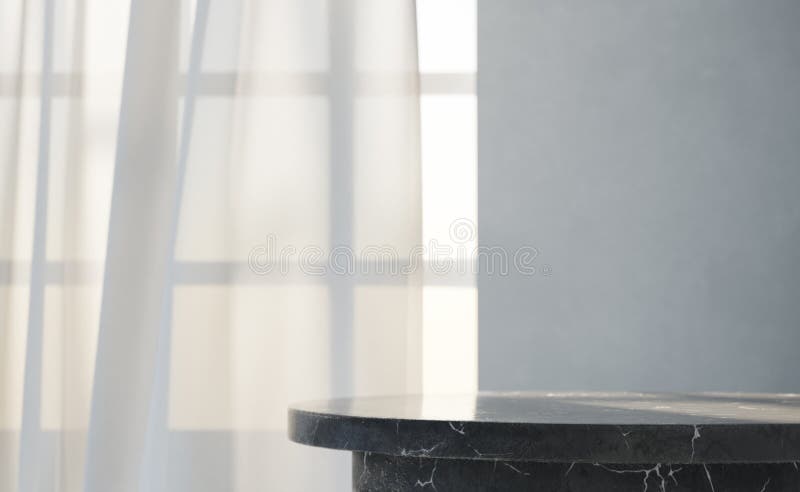 Empty Black Marble Desk in Front of Window Light and White Curtains ...