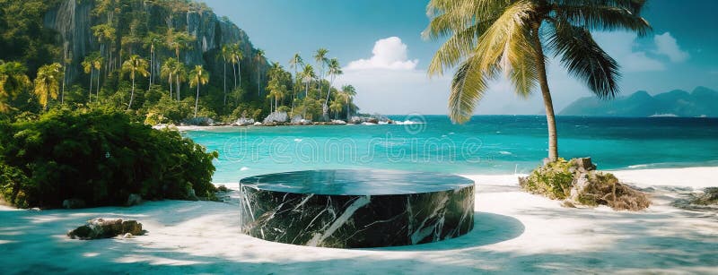 An Empty Black Marble Product Stand on a White Tropical Beach and Palm ...