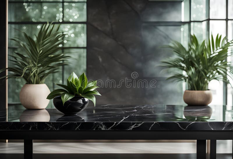 Empty Black Marble Table and Tropical Plant Behind Textured Glass Panel ...