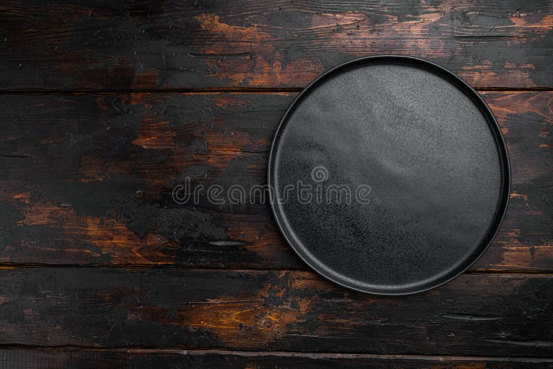 Empty Black Plate, on Old Dark Wooden Table Background Stock Photo ...