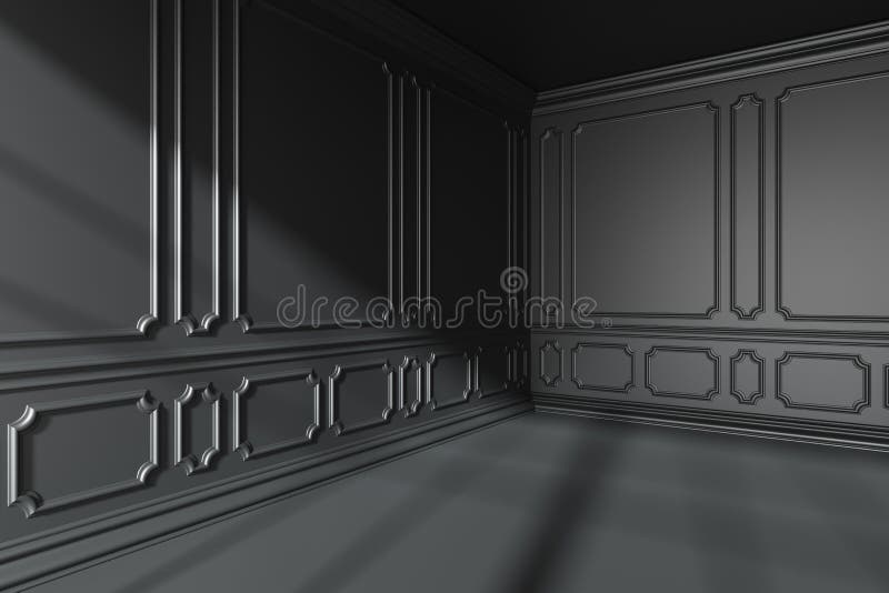 Empty Black Room with White Classic Style Decor on Walls Stock ...