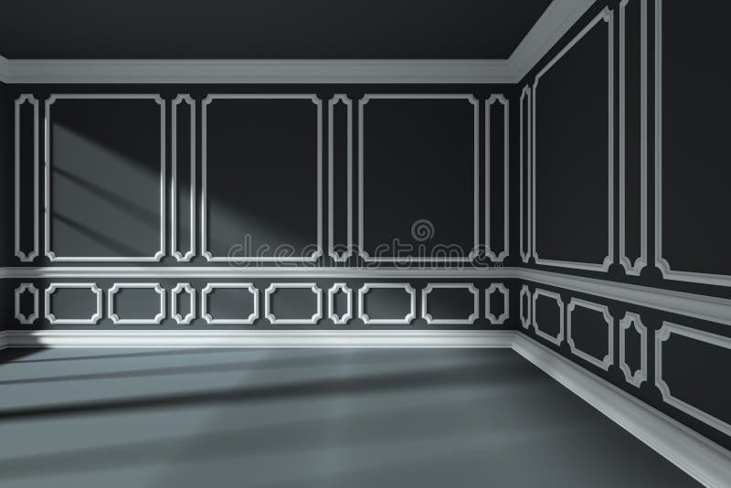 Empty Black Room with White Classic Style Decor on Walls Stock ...