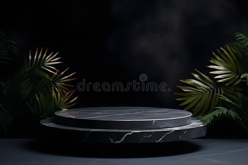 Empty Black Stone Platform with Tropical Plants on Dark Background ...