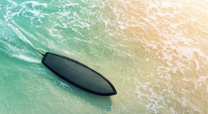 An Empty Black Surfboard on a Surface of Water, Top View Stock Image ...