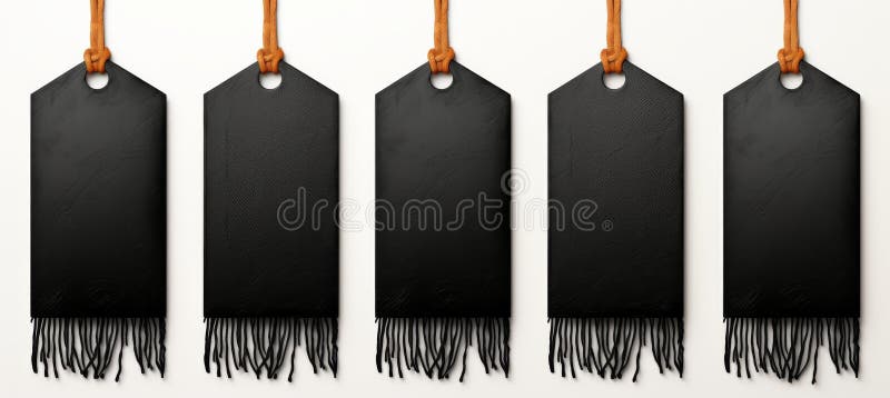 Empty Black Tags with Fringe Hanging on a Wall for Crafting or Labeling ...
