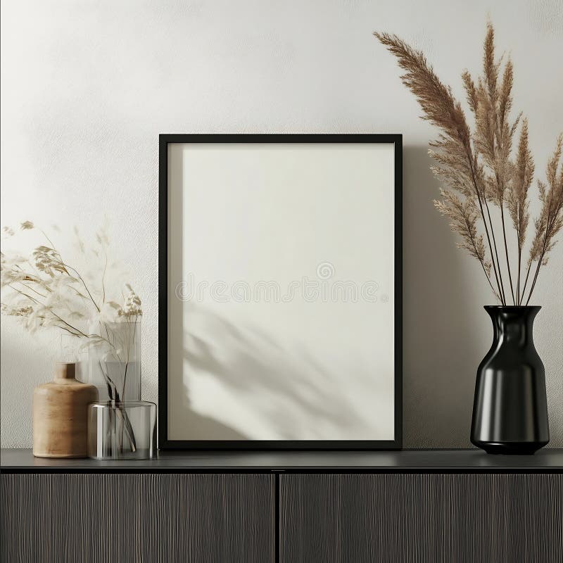An A3 Empty Black Thin Photo Frame Standing Up on a Modern Sideboard ...