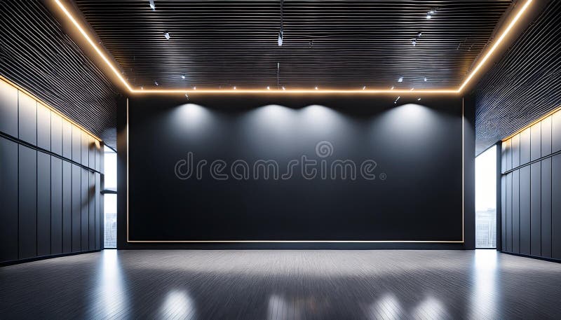 Empty Black Wall Screen in Gallery Hall with Dark Ceiling, Floor and ...