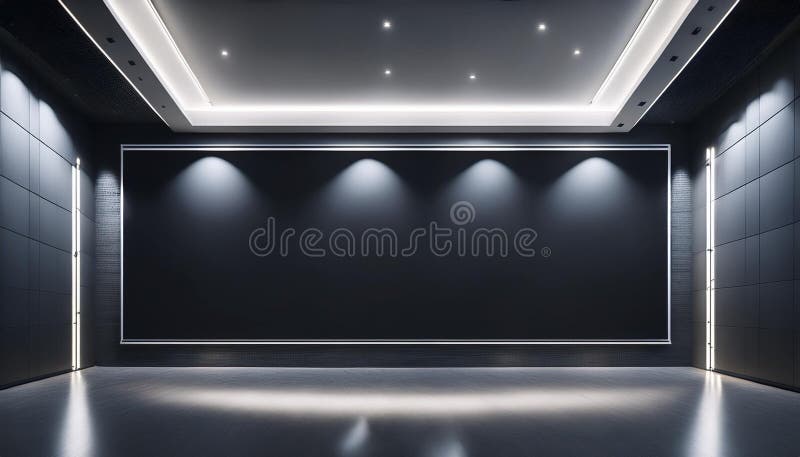 Empty Black Wall Screen in Gallery Hall with Dark Ceiling, Floor and ...