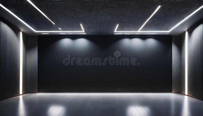 Empty Black Wall Screen in Gallery Hall with Dark Ceiling, Floor and ...