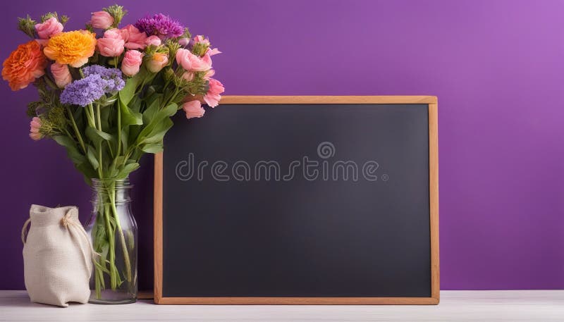 Empty Blackboard with Flower Bouquet on Purple Background Stock ...