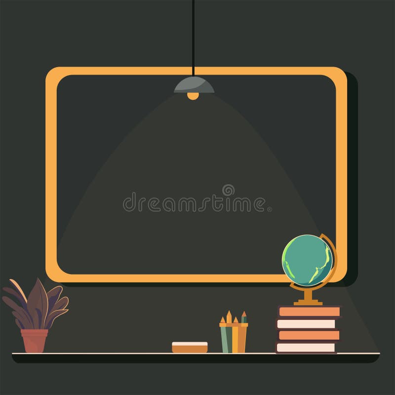 Empty Blackboard with Pen Holder, Duster, Stack of Books, Earth Globe ...
