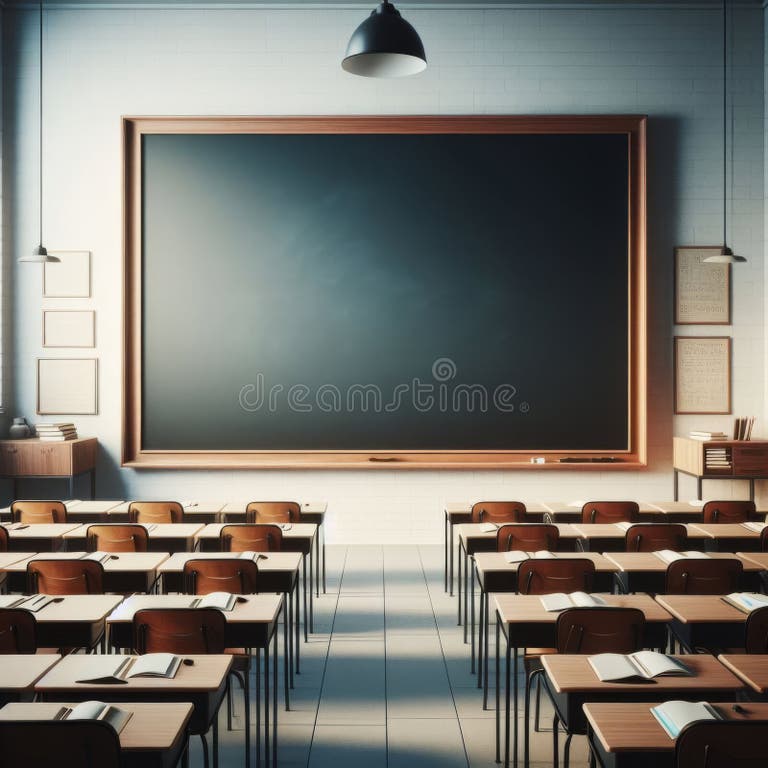 Empty Blackboard Sits in Front of a Classroom of Chairs Stock ...