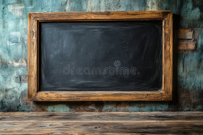 ?Empty Blackboard with Wooden Frame Hanging on Rustic Wall with Wooden ...