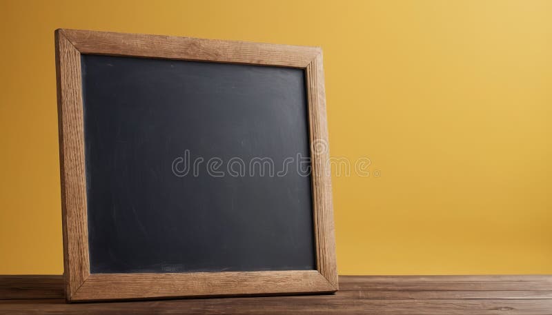Empty Blackboard with Wooden Frame on Wooden Table Over Yellow ...
