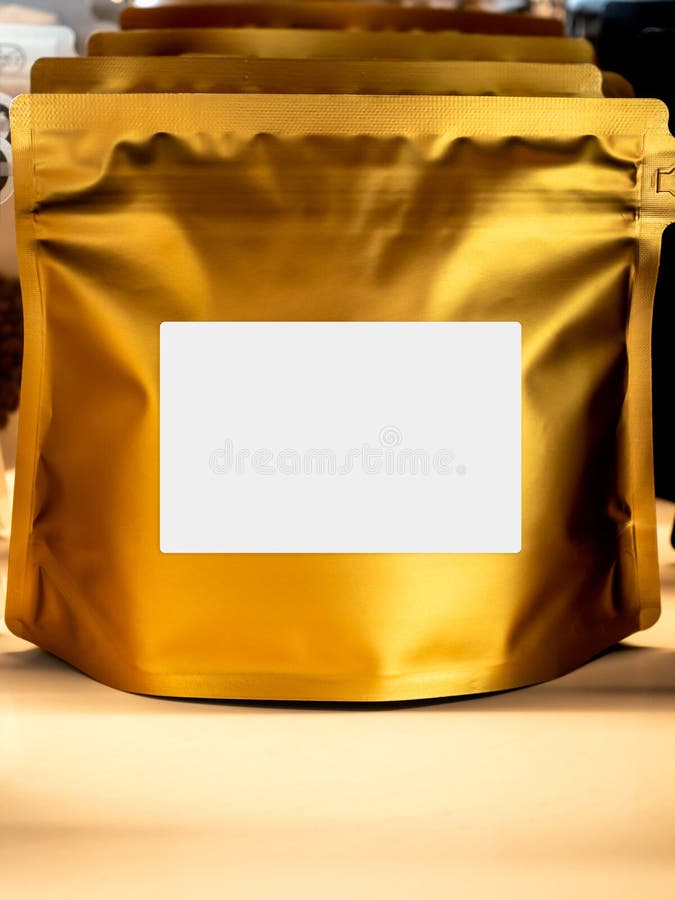 Empty Blank White Label Template on Modern Gold Foil Bag Coffee Beans ...