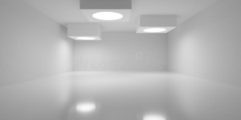 Empty Blank White Room Background with Circular Lights and Reflective ...