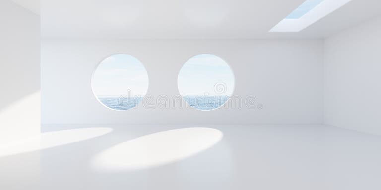 Empty Blank White Room Background Round Window Openings in the Back ...