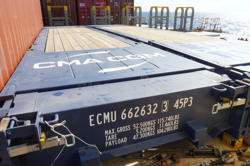 Empty, Blue, 40 Feet Long Flat Rack Container Secured on Deck of ...