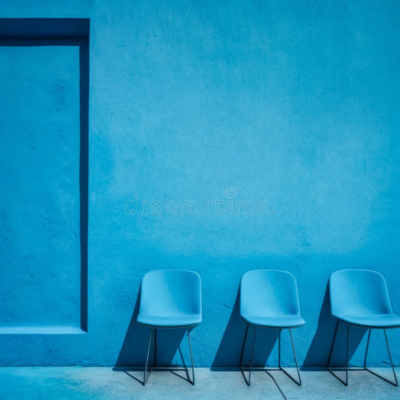 Empty Blue Chairs Against a Blue Wall Photorealist, Generative AI Stock ...