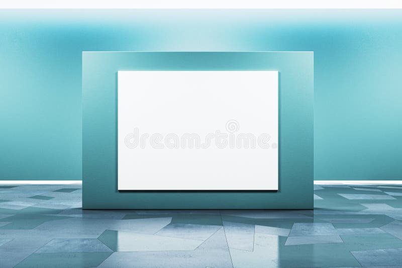 Empty Blue Gallery Wall with White Mock Up Banner. Museum Concept Stock ...