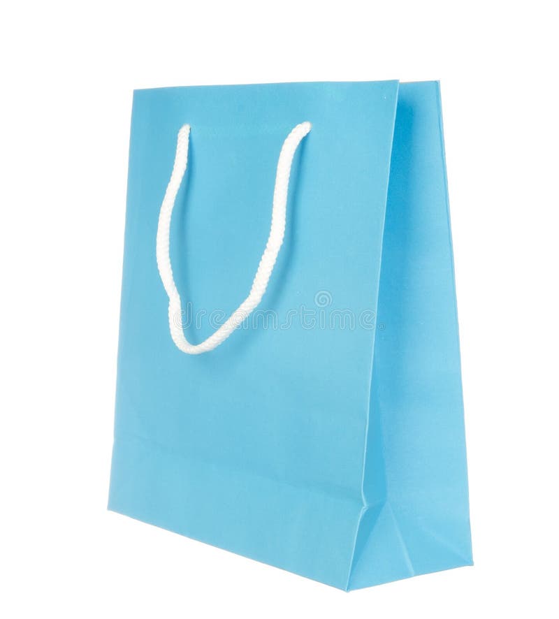 Empty Blue Paper Bag Isolated on White Stock Photo - Image of object ...