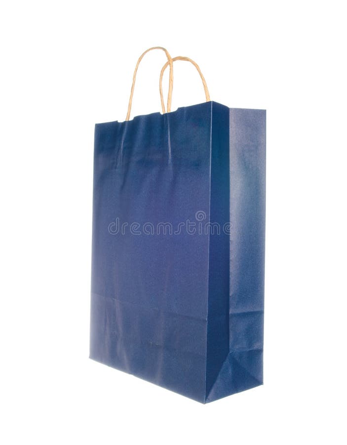 Empty Blue Paper Bag Isolated on White Stock Image - Image of blank ...