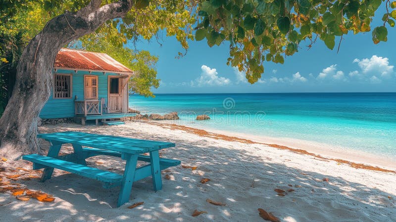 Empty Blue Picnic Table on the Beach in Front of a Beach Shack ...