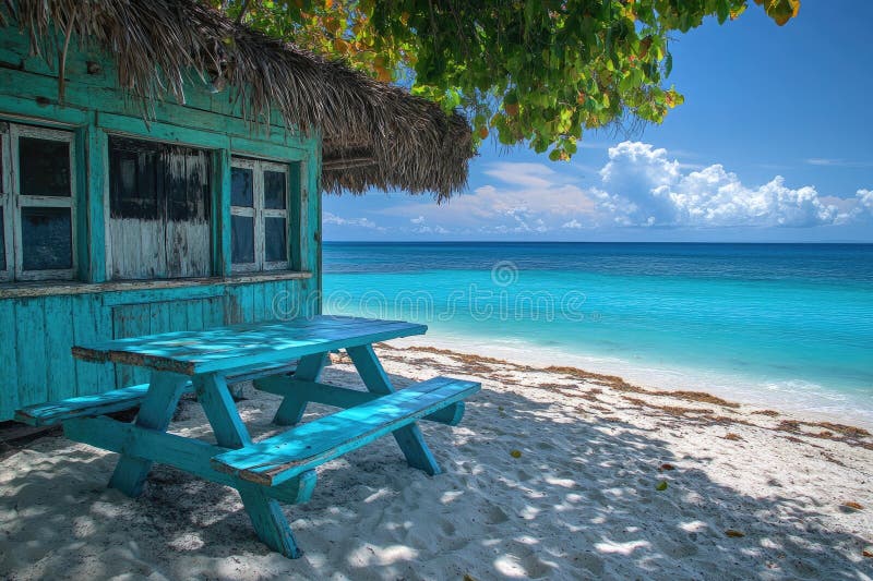 Empty Blue Picnic Table on the Beach in Front of a Beach Shack ...
