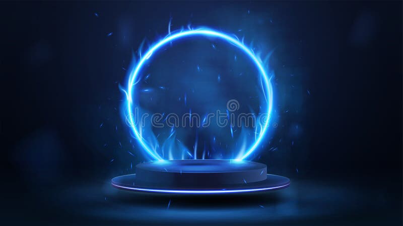 Empty Blue Podium Floating in the Air with Blue Neon Fire Ring on ...