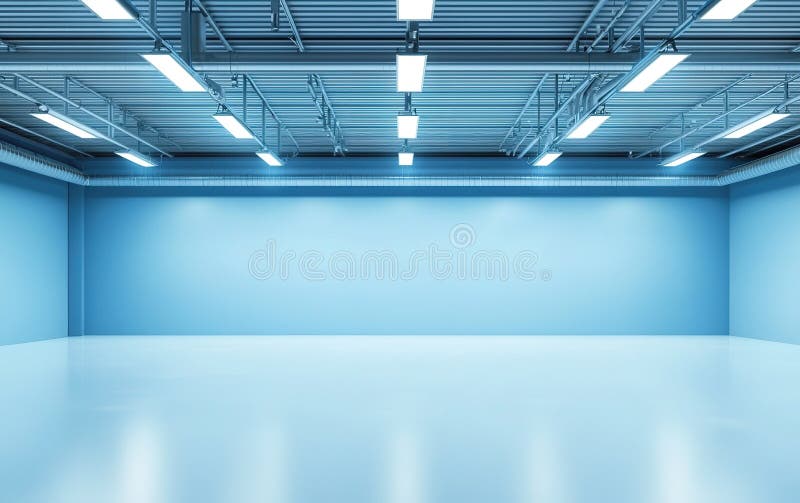 Empty Blue Room with Modern Lighting and Smooth White Floor Showcasing ...