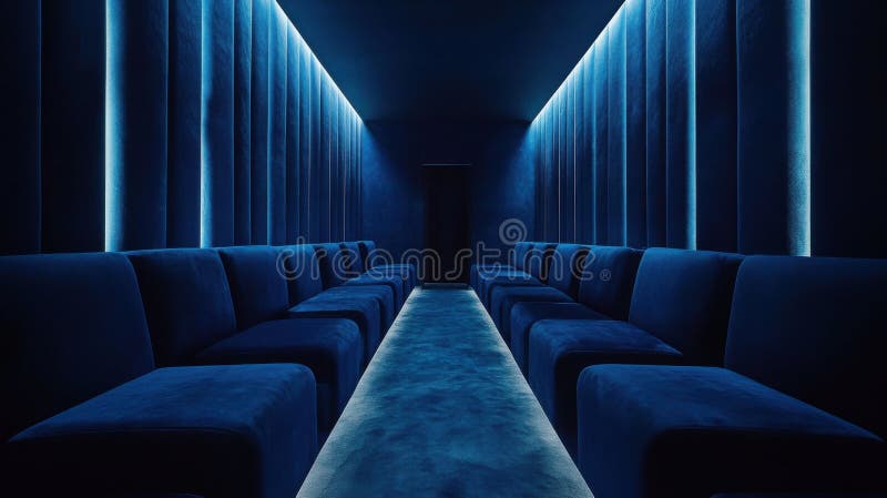 Empty Blue Room with Rows of Modern Seating and Linear Lights Stock ...