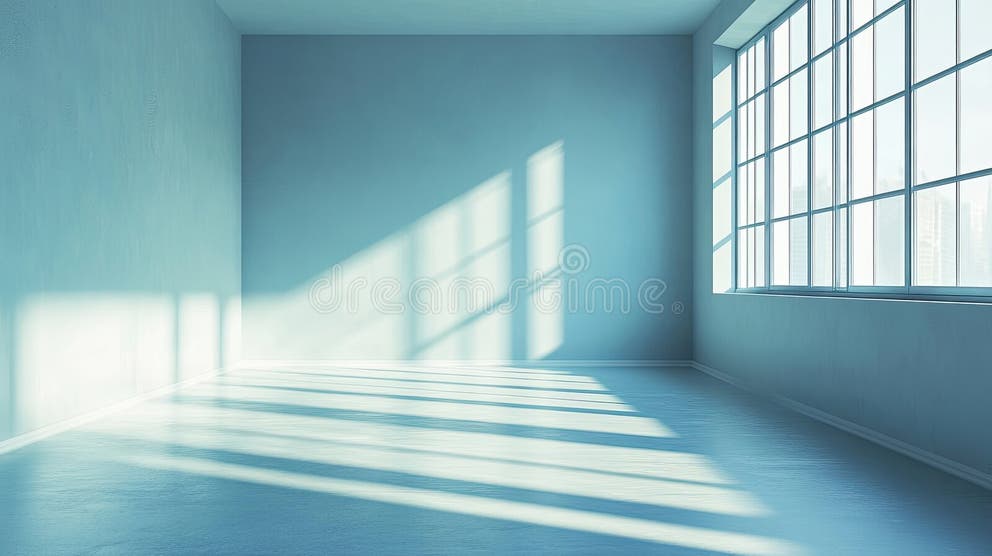Empty Blue Room with Sunlight from Large Window. Interior Background ...