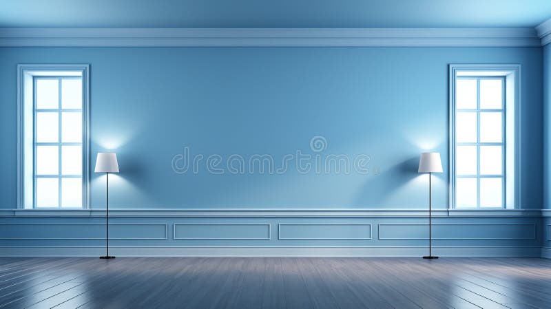 Empty Blue Room with Two Windows, Floor Lamps and Wood Floor Stock ...