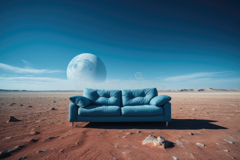 Empty Blue Sofa on the Surface of Deserted Planet with a View of Space ...