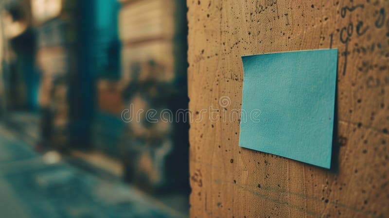 Empty Blue Sticky Note on a Cork Board in Urban Setting. Generative AI ... Empty Blue Sticky Note on a Cork Board in Urban Setting. Generative AI ...